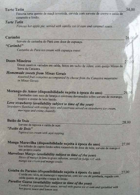 Menu em Aprazível restaurante, Rio de Janeiro