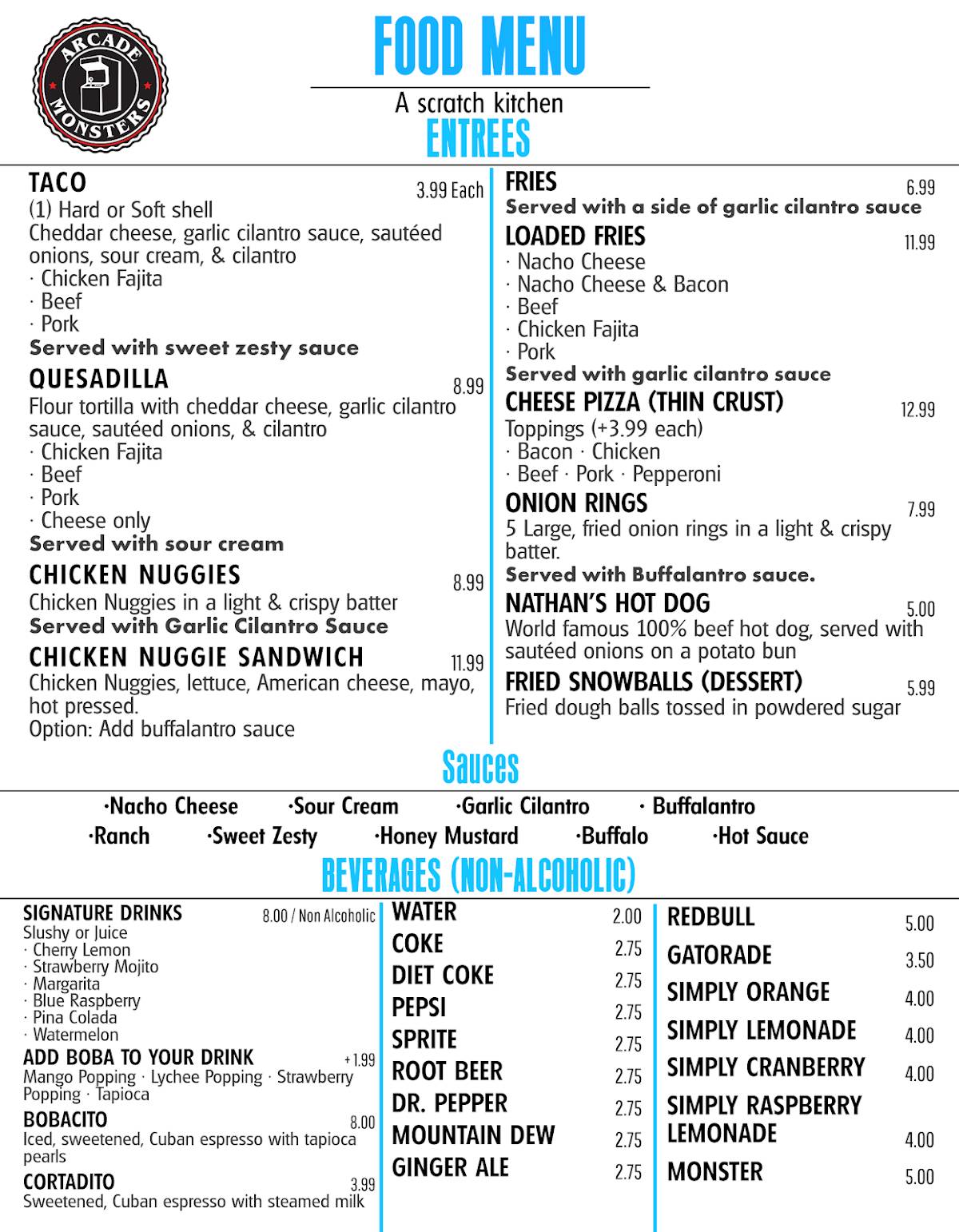Menu at Arcade Monsters Lake Mary pub & bar, Lake Mary