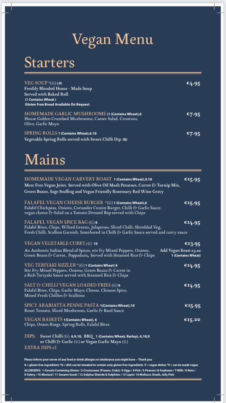 Menu at Arcadia Cafe and Late Bar, Dublin