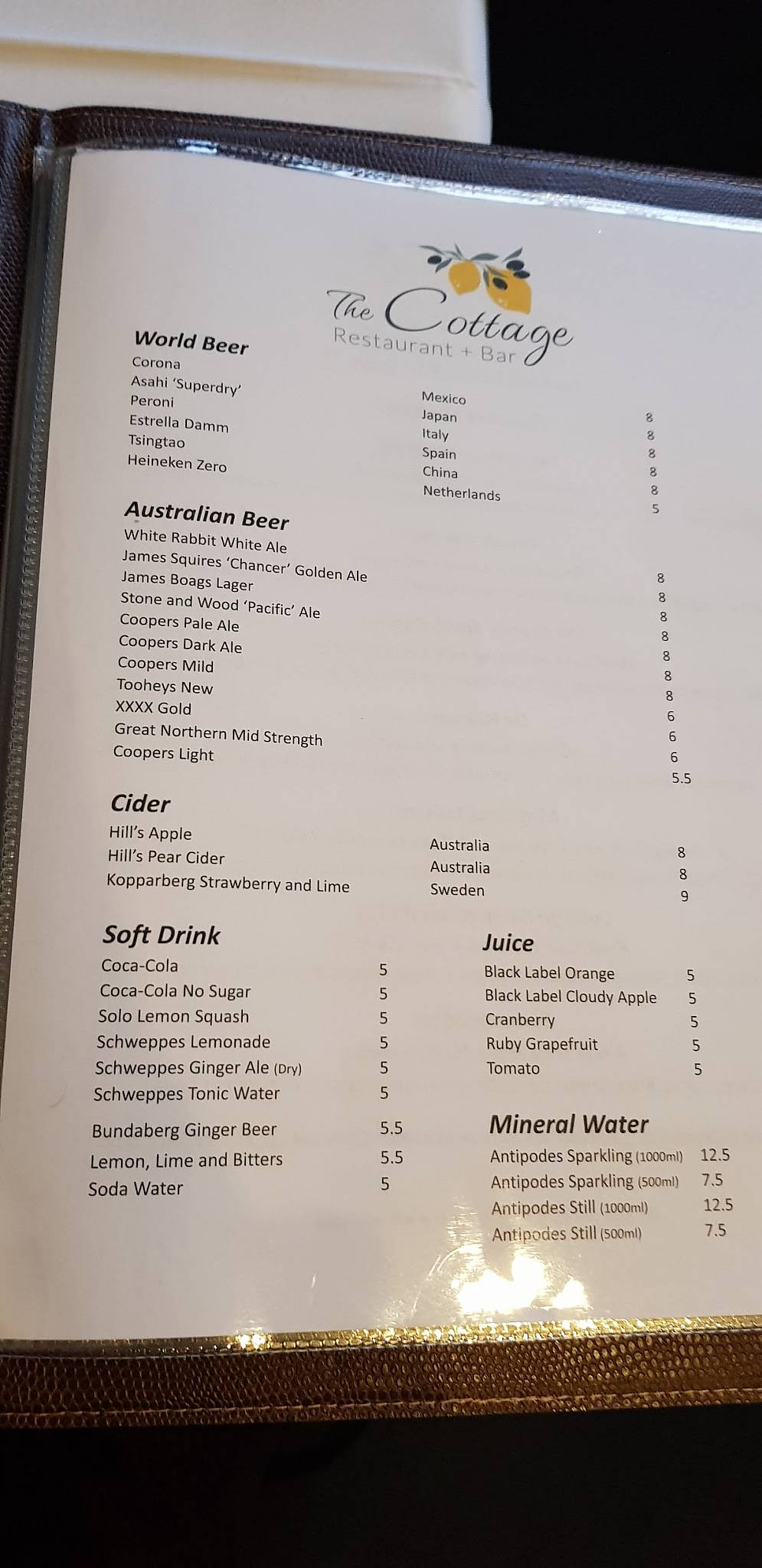 Menu at The Cottage Restaurant and Bar, Armidale