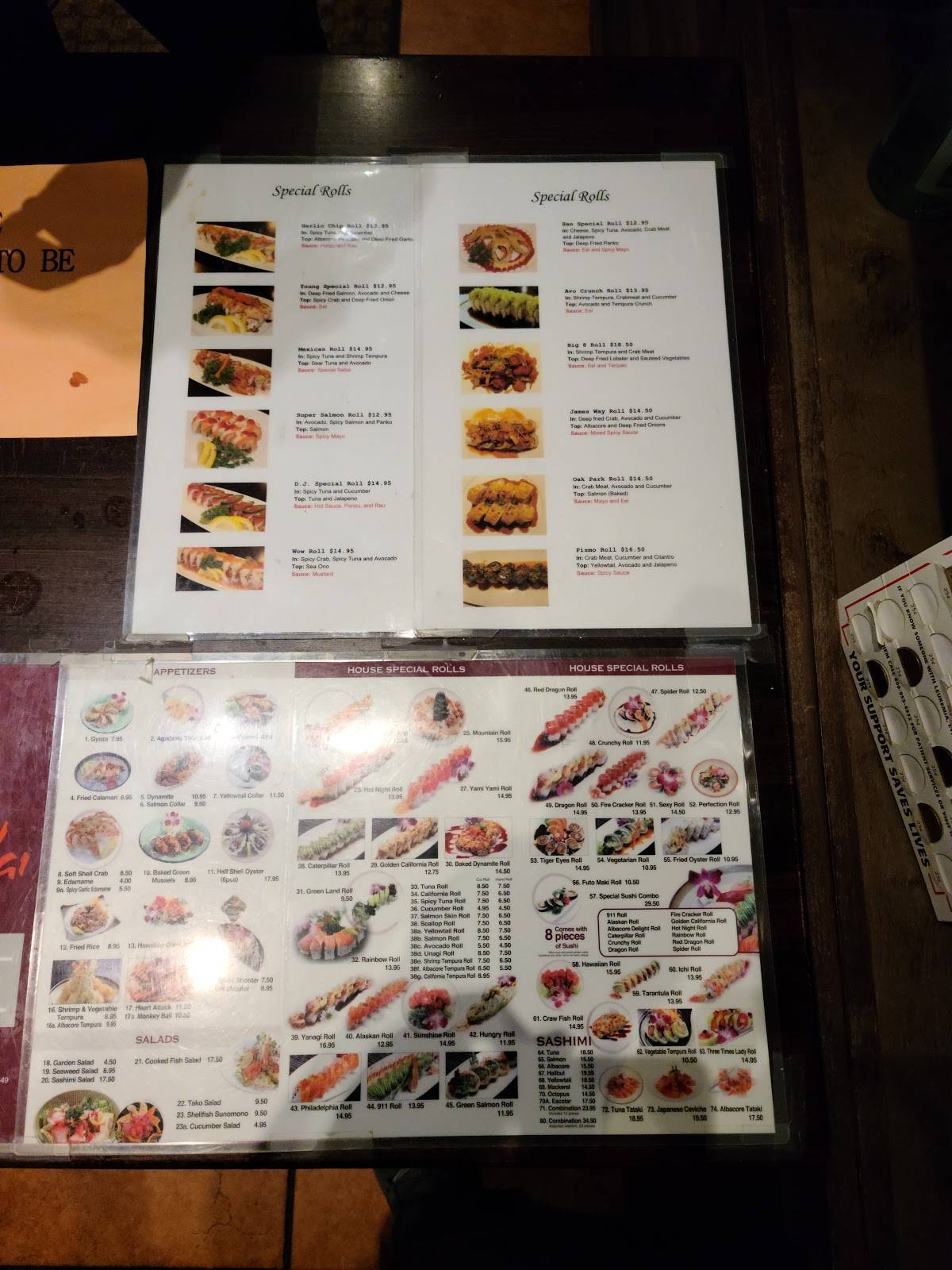 Menu at Wow Yanagi Sushi restaurant, Pismo Beach