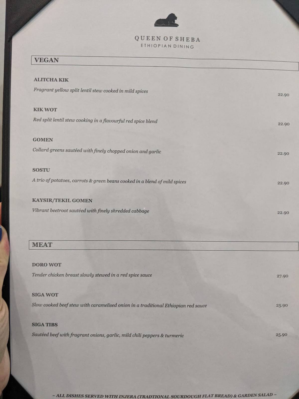 Menu at Queen of Sheba restaurant, Ashfield