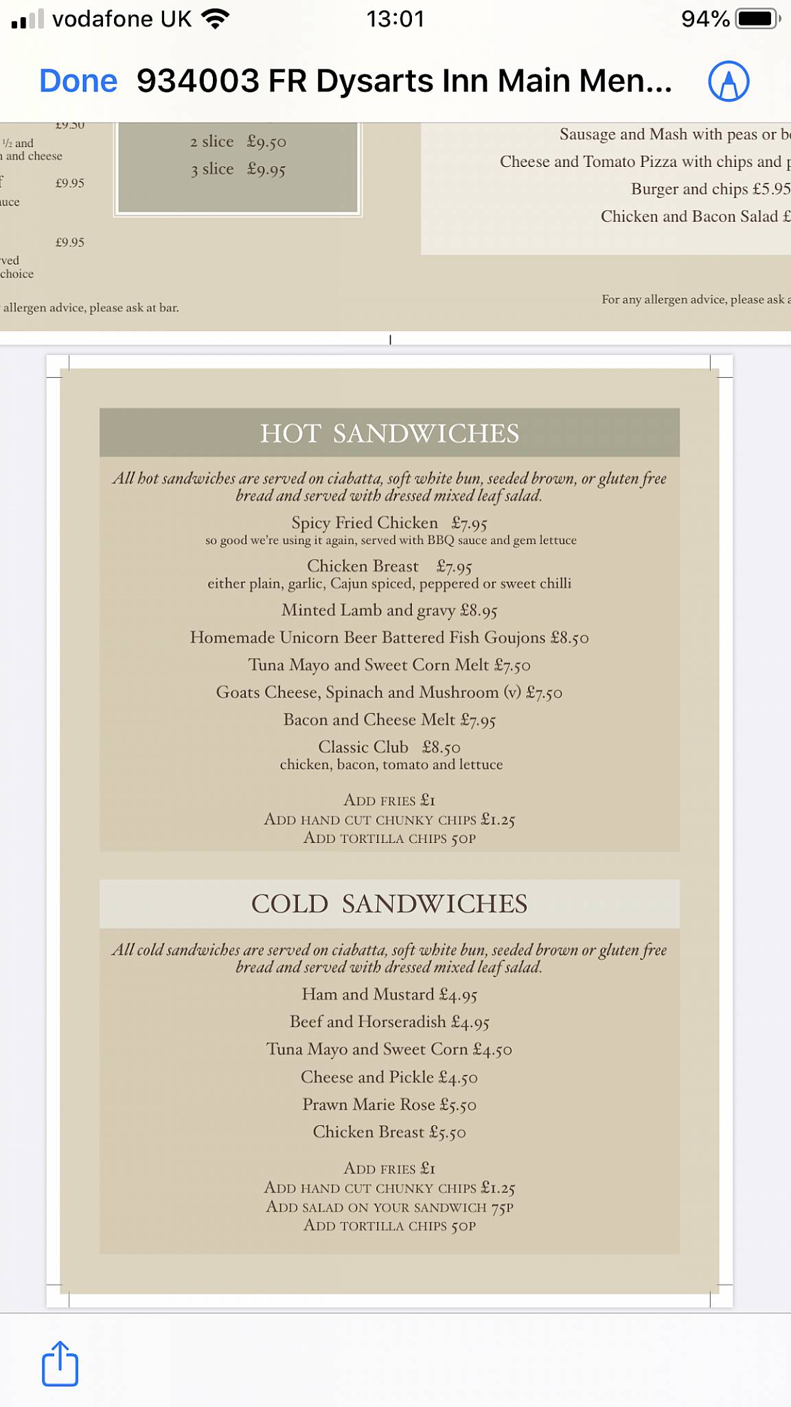 Menu at Dysarts Arms, Mossley pub & bar, Ashton-under-Lyne