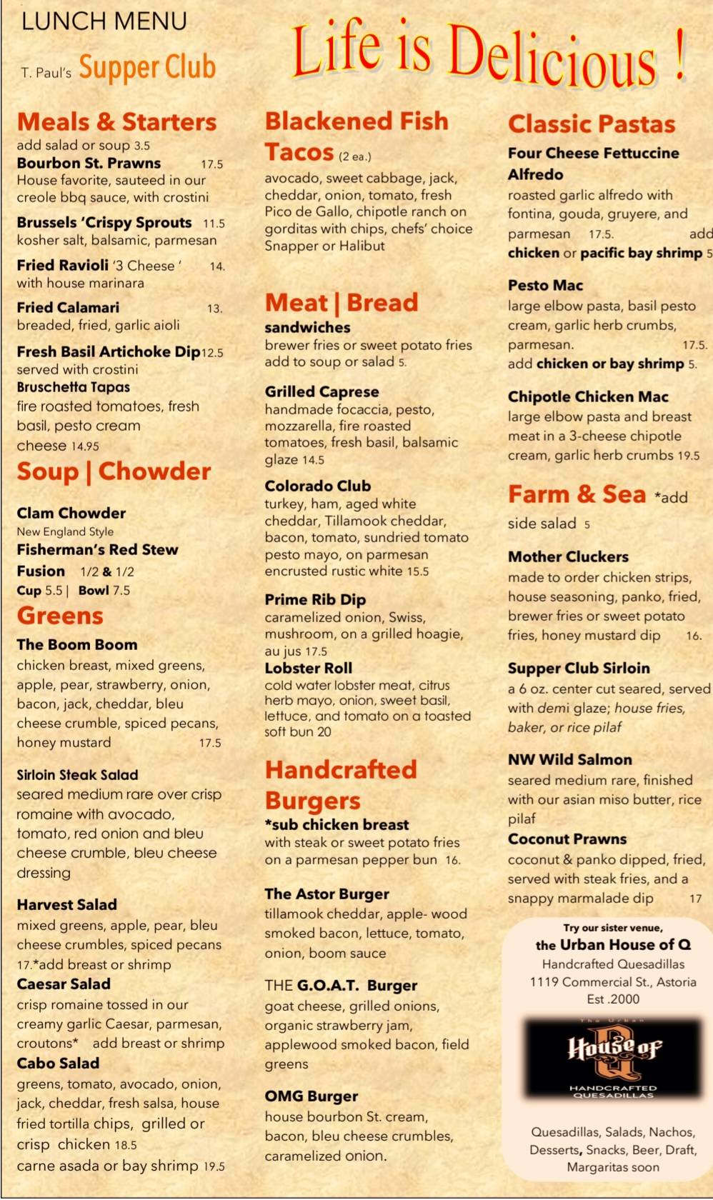 Menu at T. Paul's Supper Club, Astoria