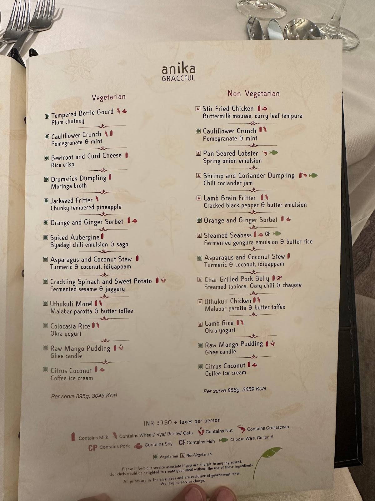 Menu at Avartana, Chennai