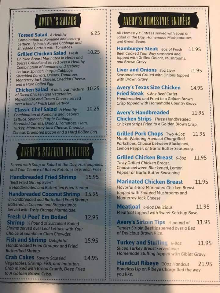 Menu at Avery's Kitchen restaurant, New Braunfels