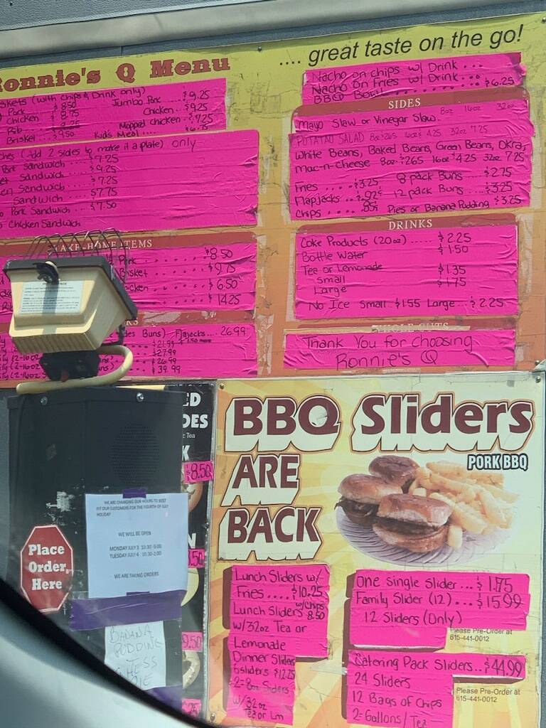 Menu at Ronnie's Q BBQ, Dickson