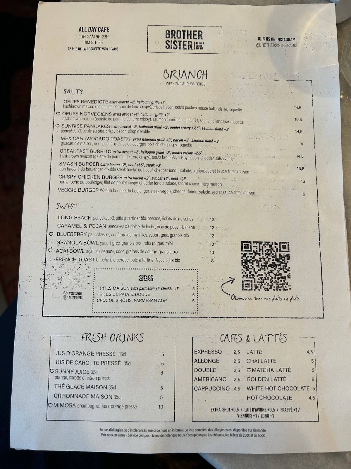 Menu au BROTHER SISTER Brunch Lunch Dinner restaurant, Paris