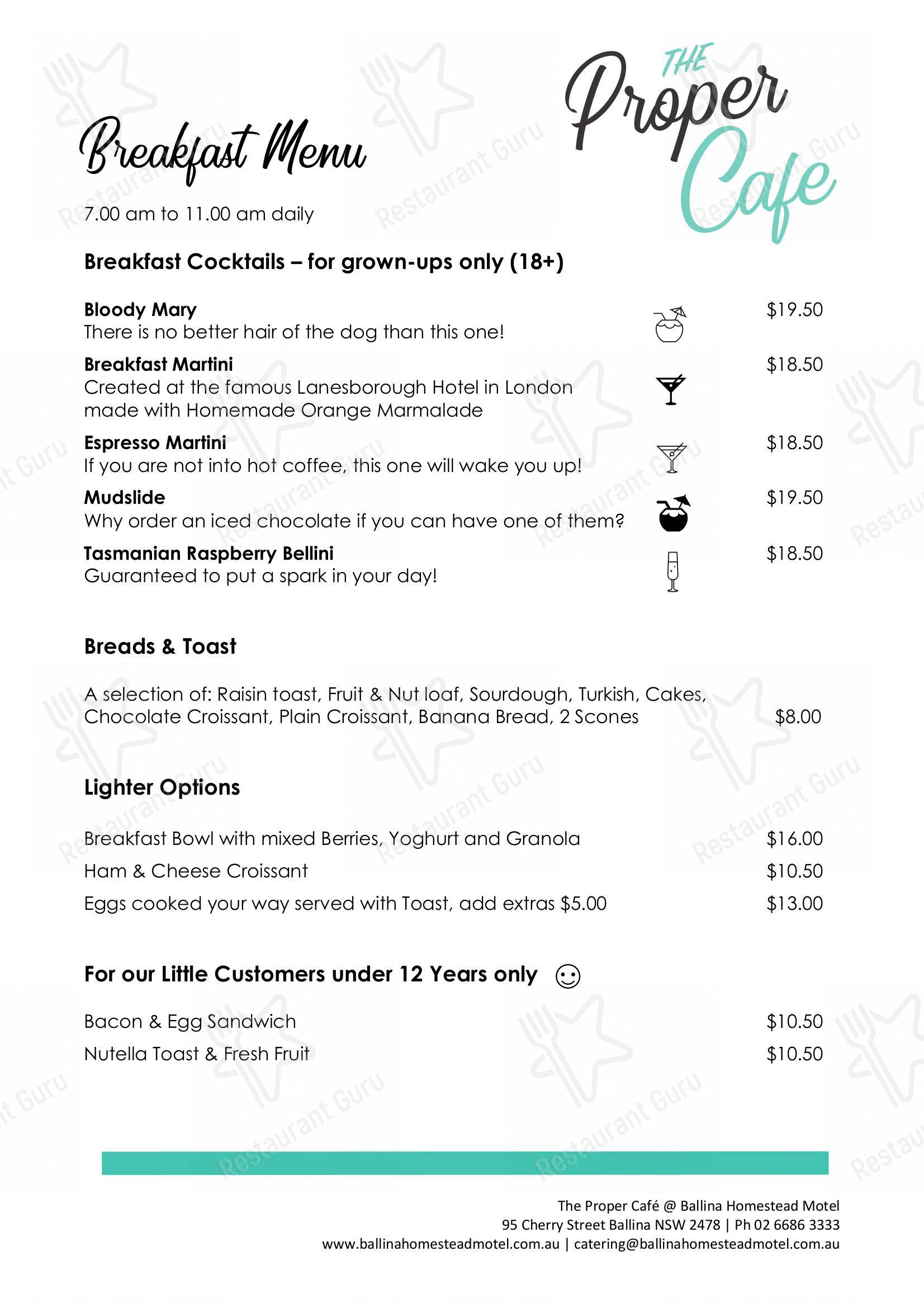 Menu at The Proper Cafe, Ballina