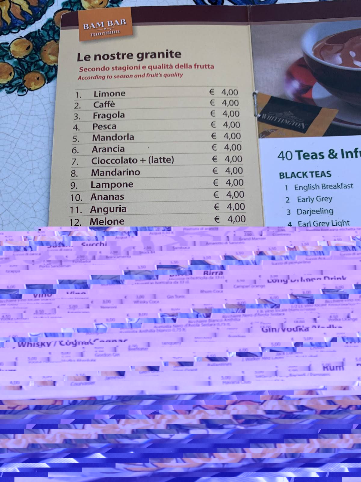 Menu da Bam Bar, Taormina