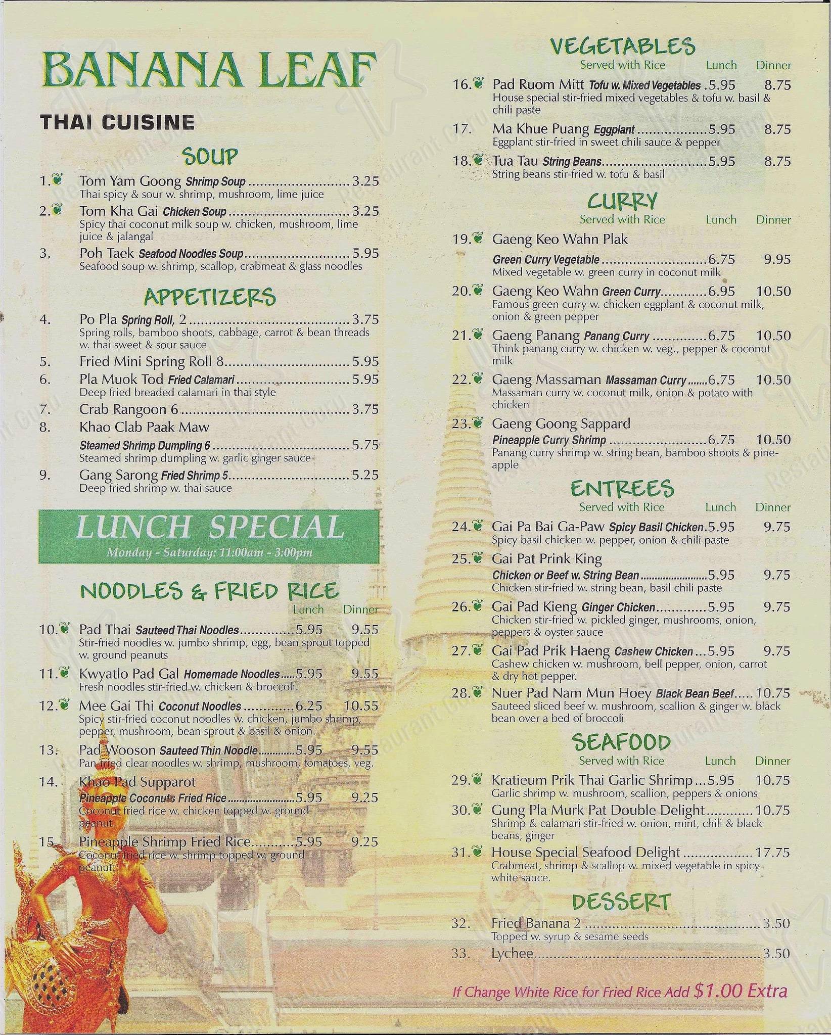 Menu at Banana Leaf restaurant, La Vale