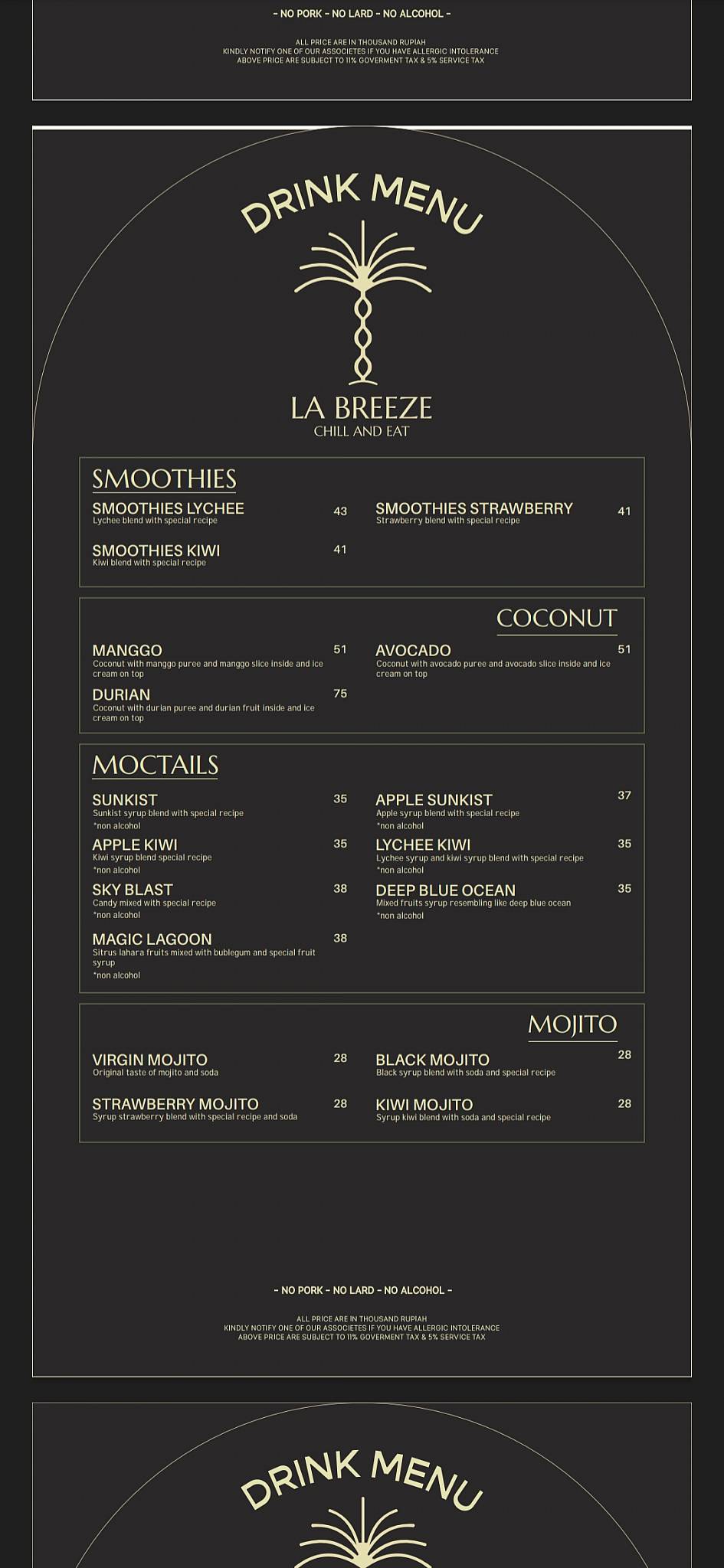 Carta del restaurante LA BREEZE, Bandung