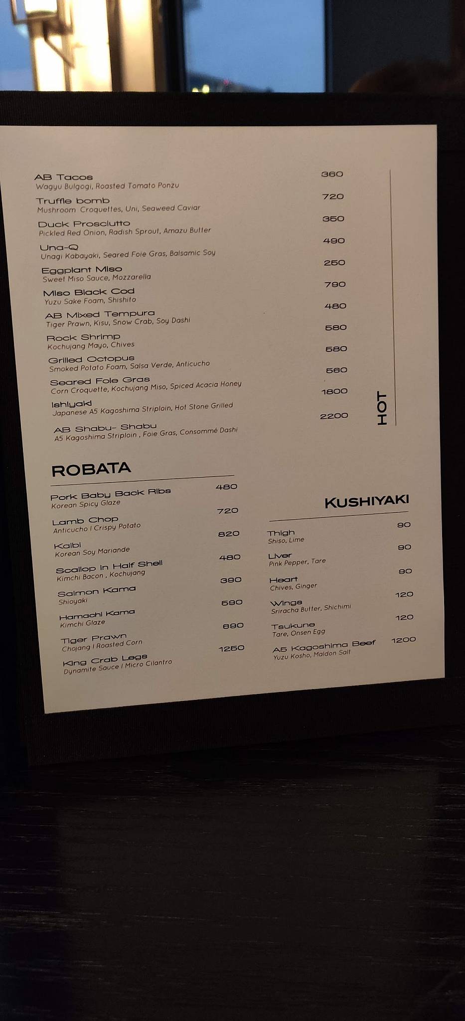 Menu at Akira Back restaurant, Bangkok