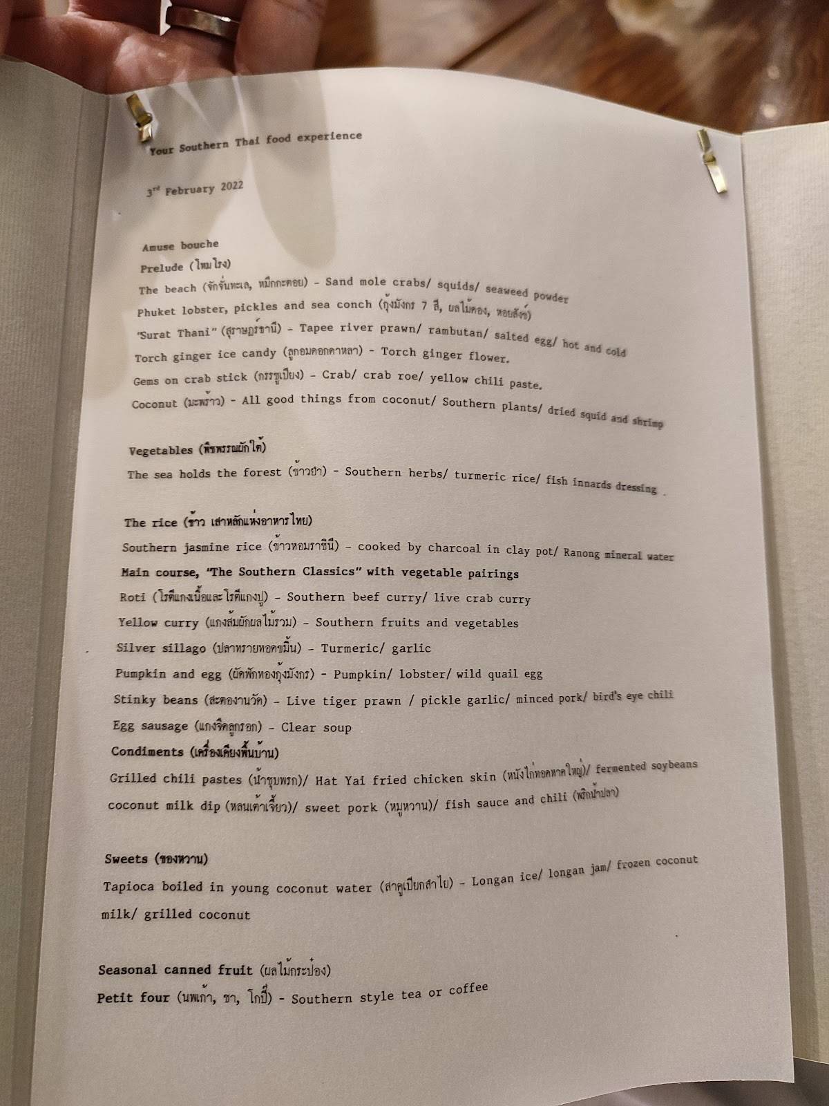 Menu at Sorn restaurant, Bangkok