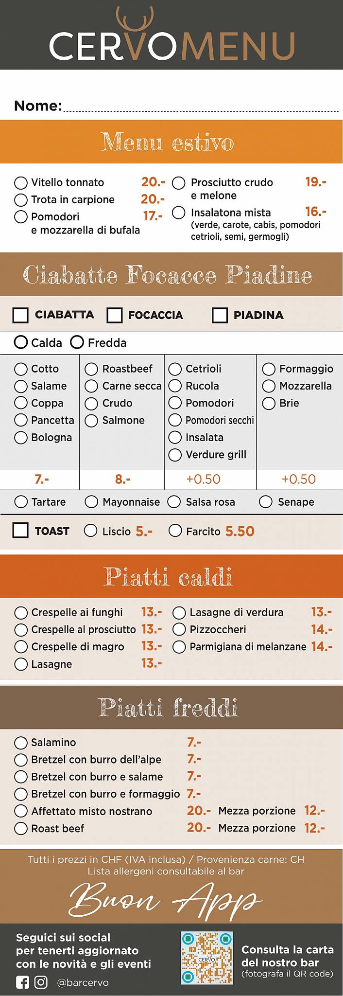 Menu da Bar Cervo - The Unconventional Bar In Town, Bellinzona, Piazza ...