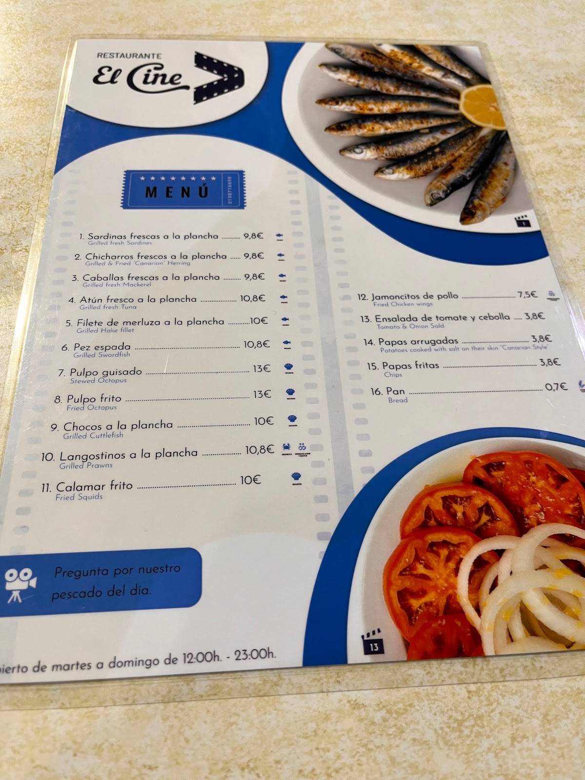 Menu at Bar Restaurante El Cine, Los Cristianos
