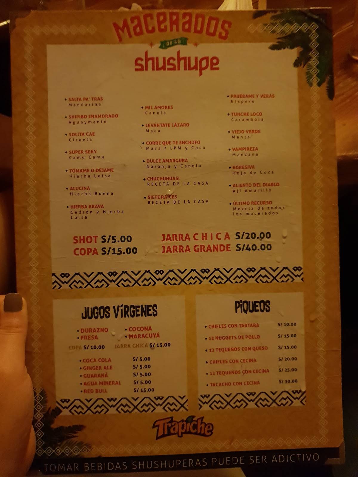 Carta de Shushupe Bar Barranco, Barranco