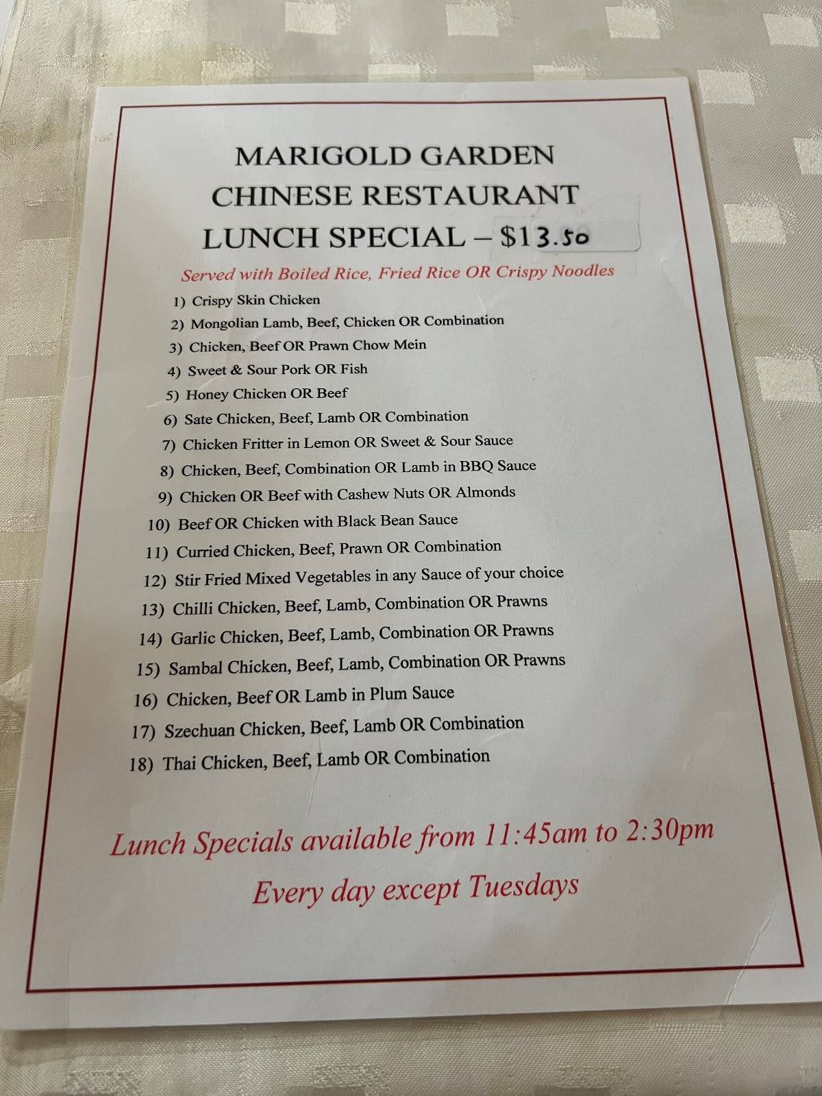 Menu at Marigold Garden Chinese Restaurant, Bathurst