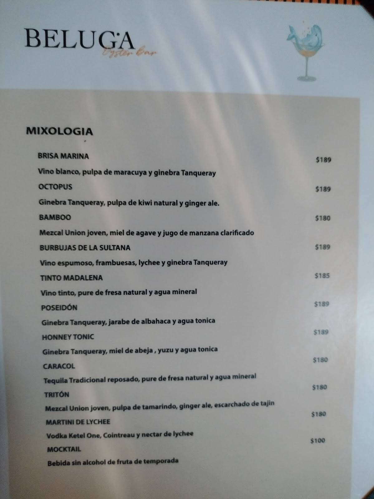 Carta del restaurante Beluga, Monterrey