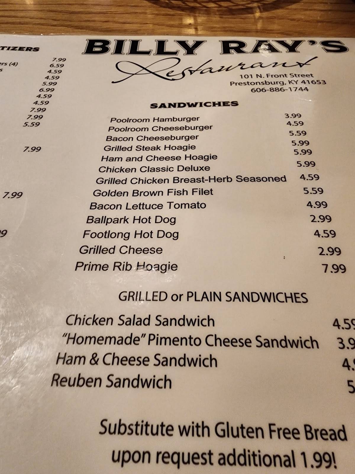 Menu at Billy Ray's Restaurant, Prestonsburg, 101 N Front St