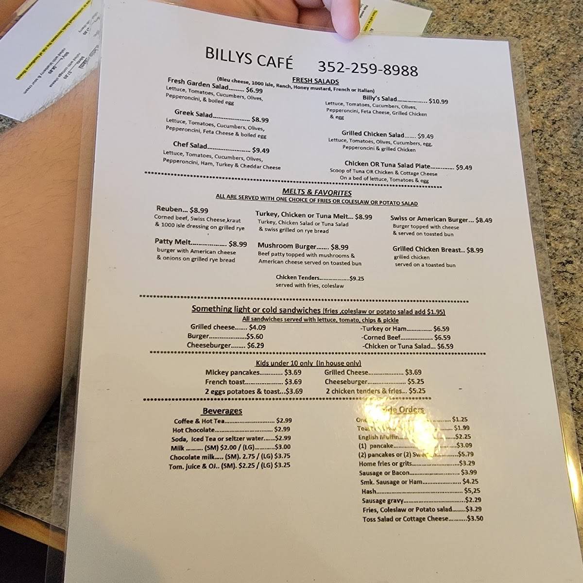 Menu at Billy's Cafe, Lady Lake