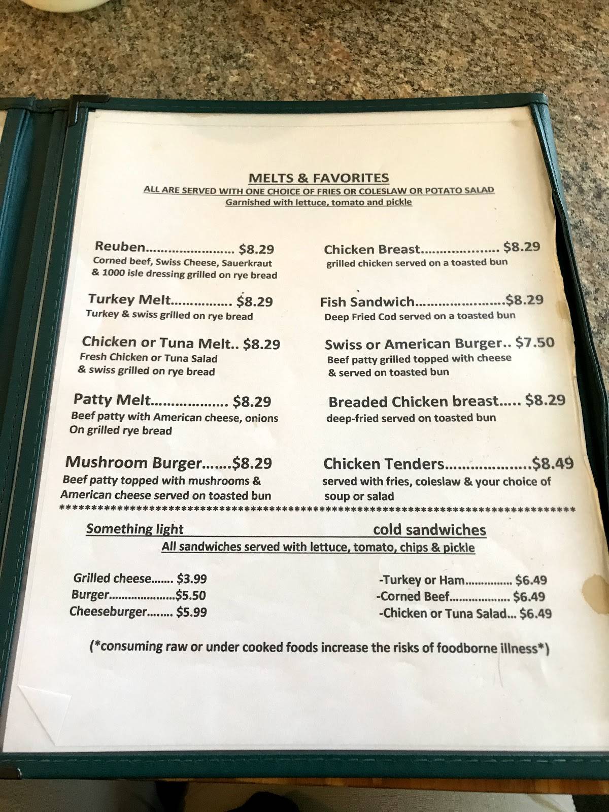 Menu at Billy's Cafe, Lady Lake