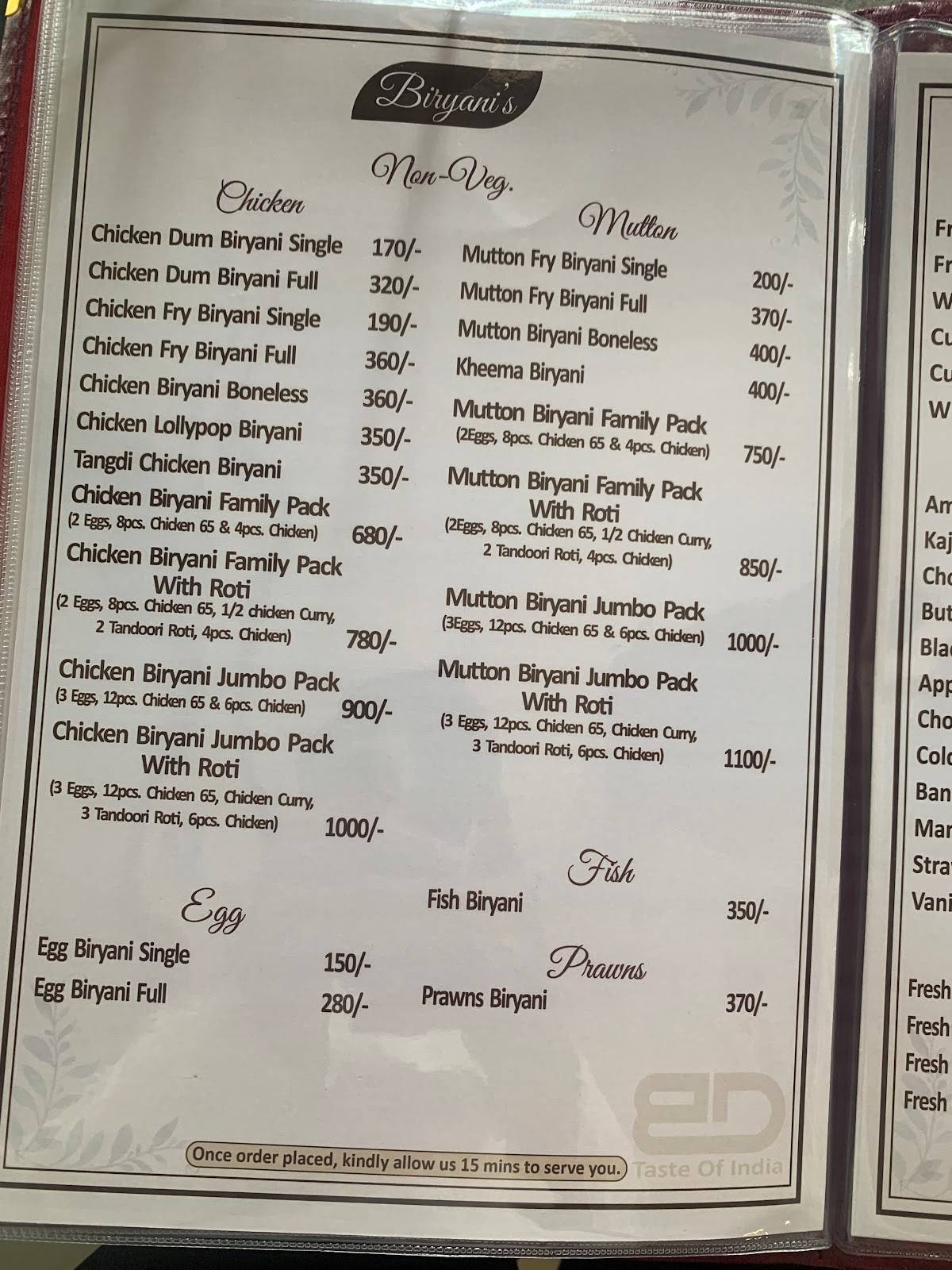 Menu at Biryani Darbar, Nizamabad