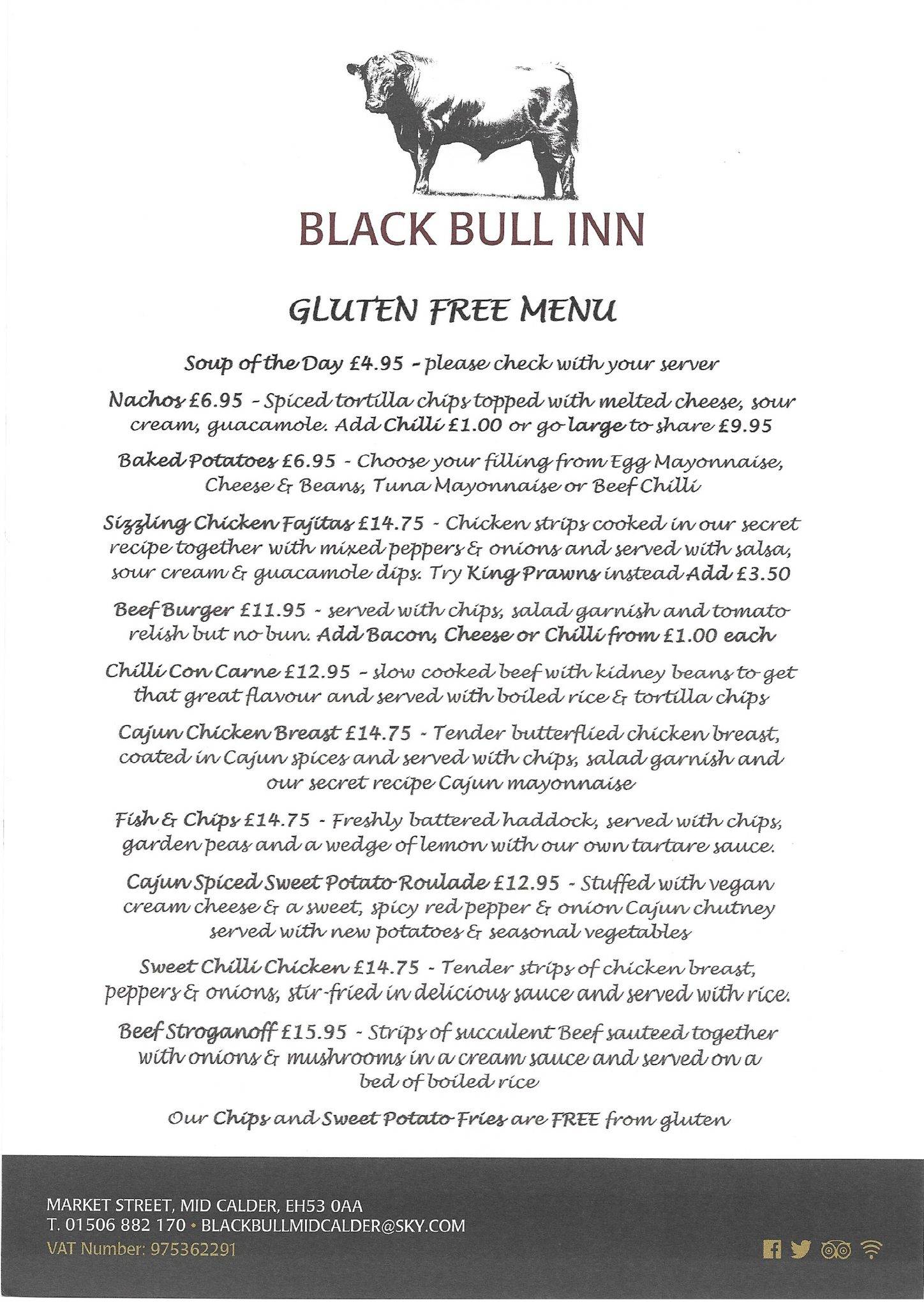 Menu at Black Bull Inn pub & bar, Livingston