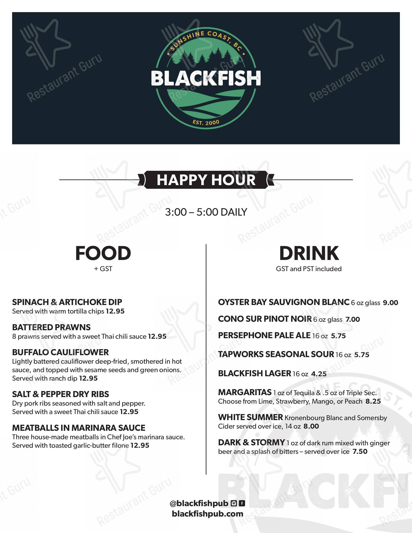Menu at Blackfish Pub, Gibsons