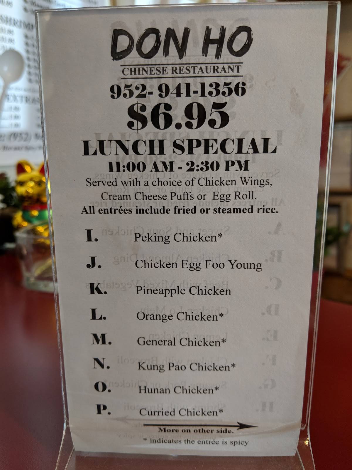 Menu at Don Ho Restaurant, Bloomington