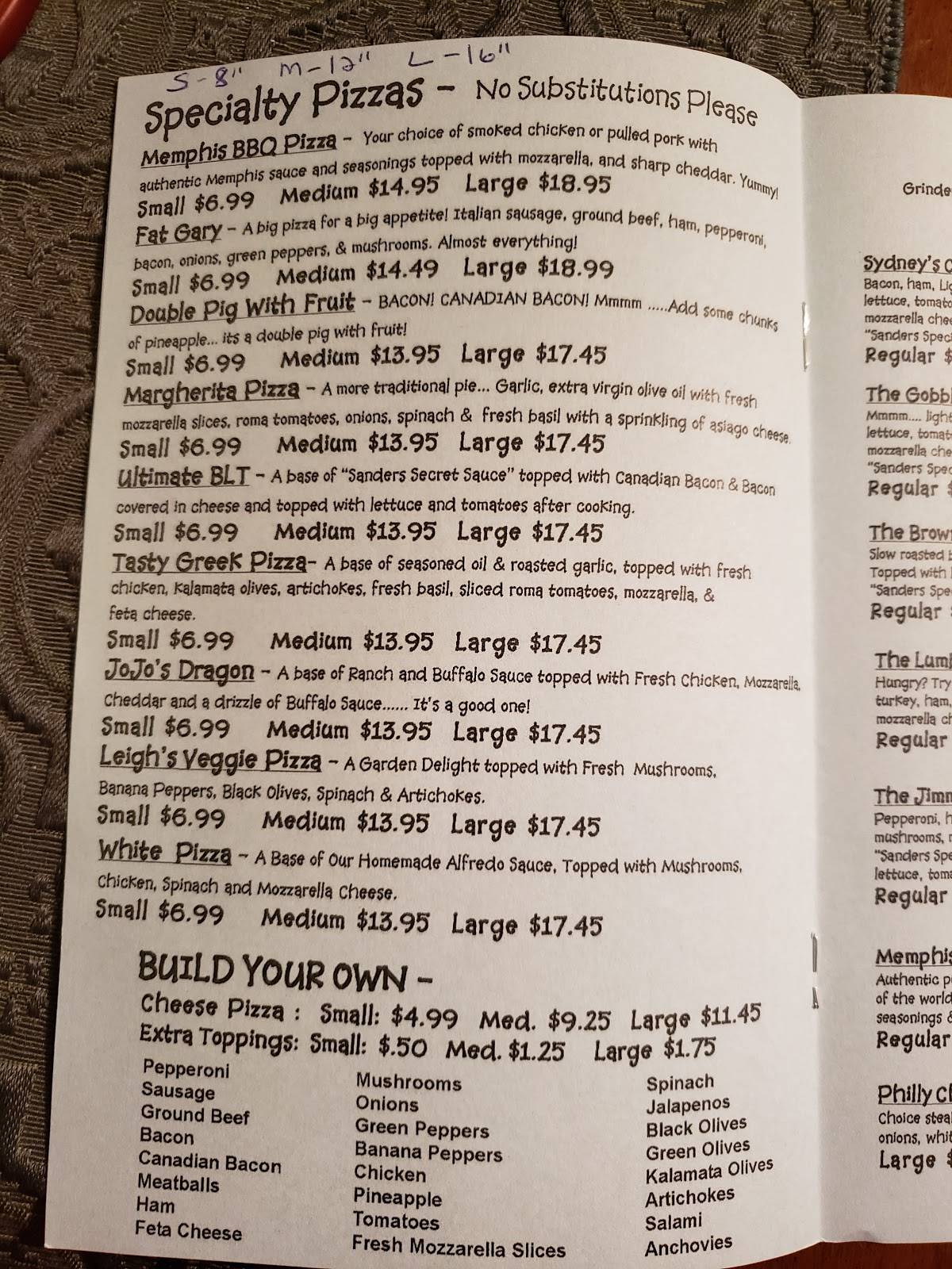 Menu at Blue Ridge Pizza Company pizzeria, Etowah