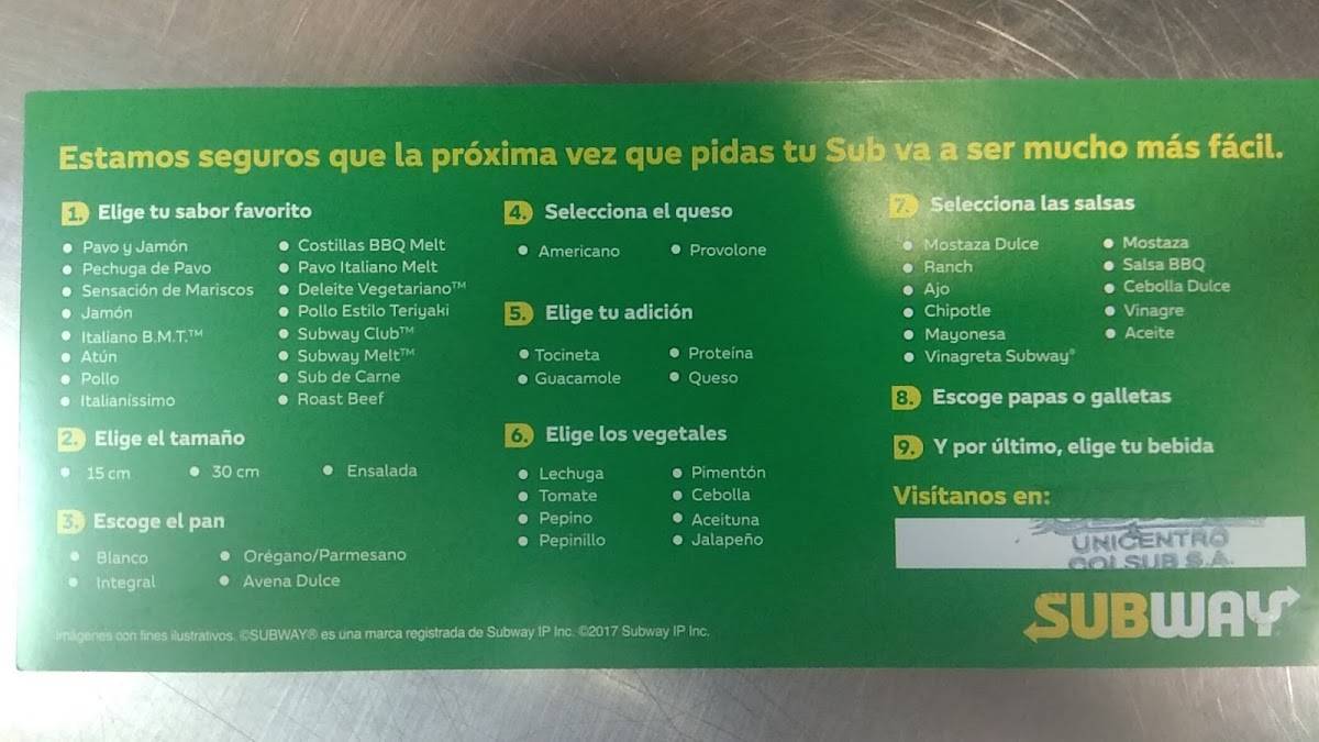 Menu at Subway restaurant, Bogotá, Centro Comercial Unicentro