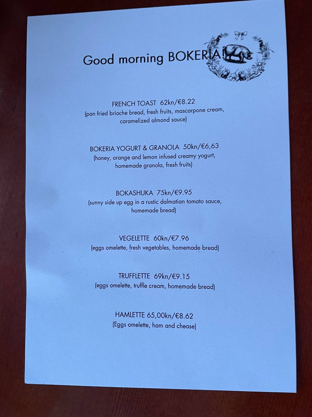 Menu at Bokeria Kitchen & Wine restaurant, Split