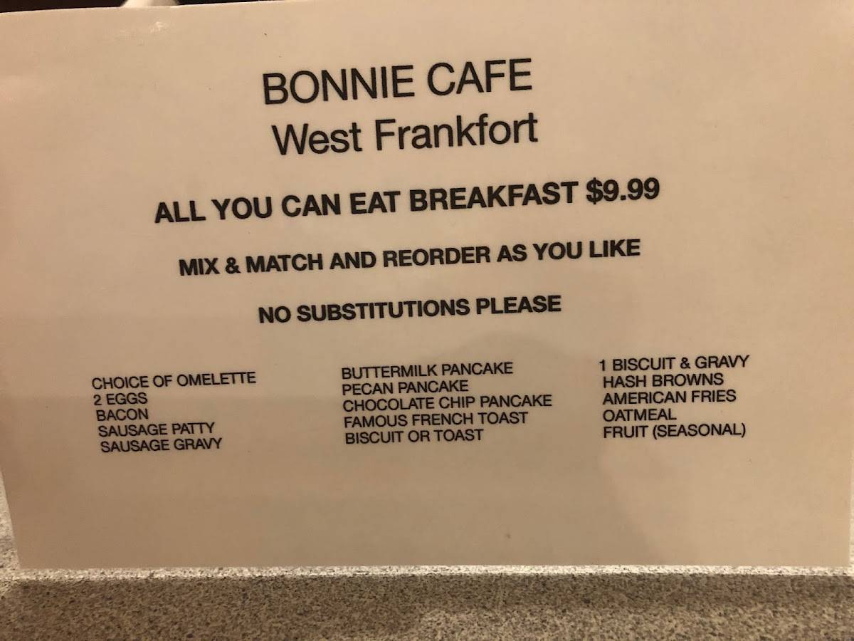 Menu at Bonnie Cafe, West Frankfort