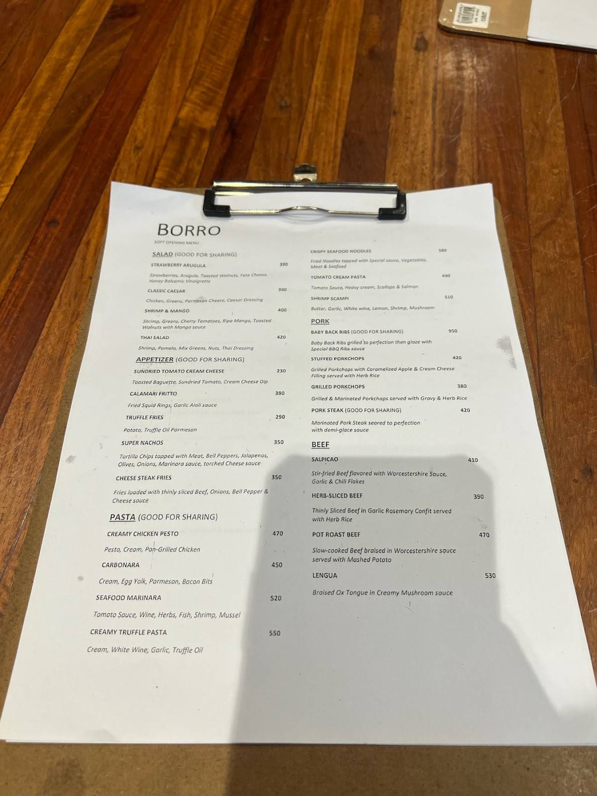 Menu at Borro restaurant, Quezon City