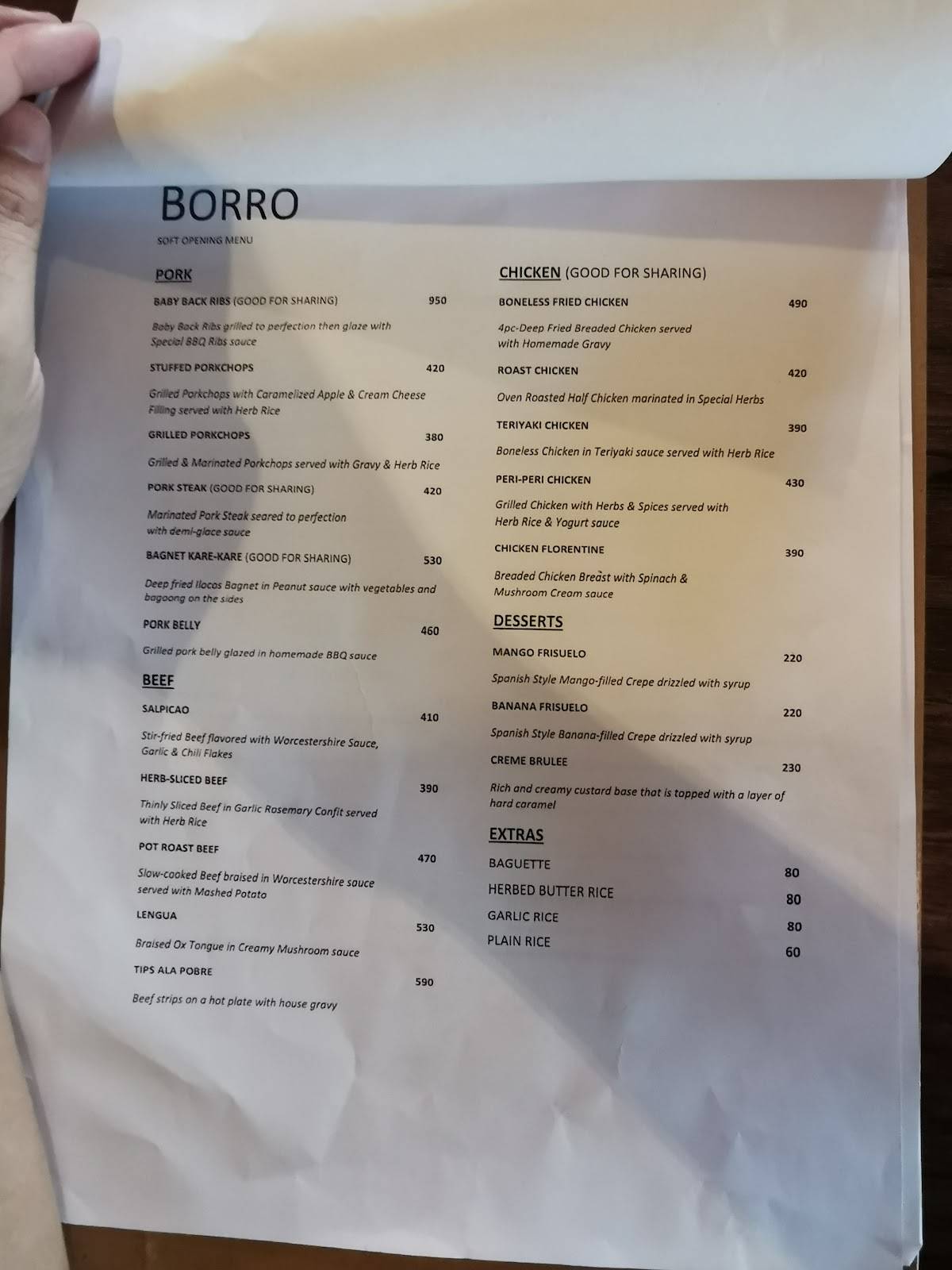 Menu at Borro restaurant, Quezon City