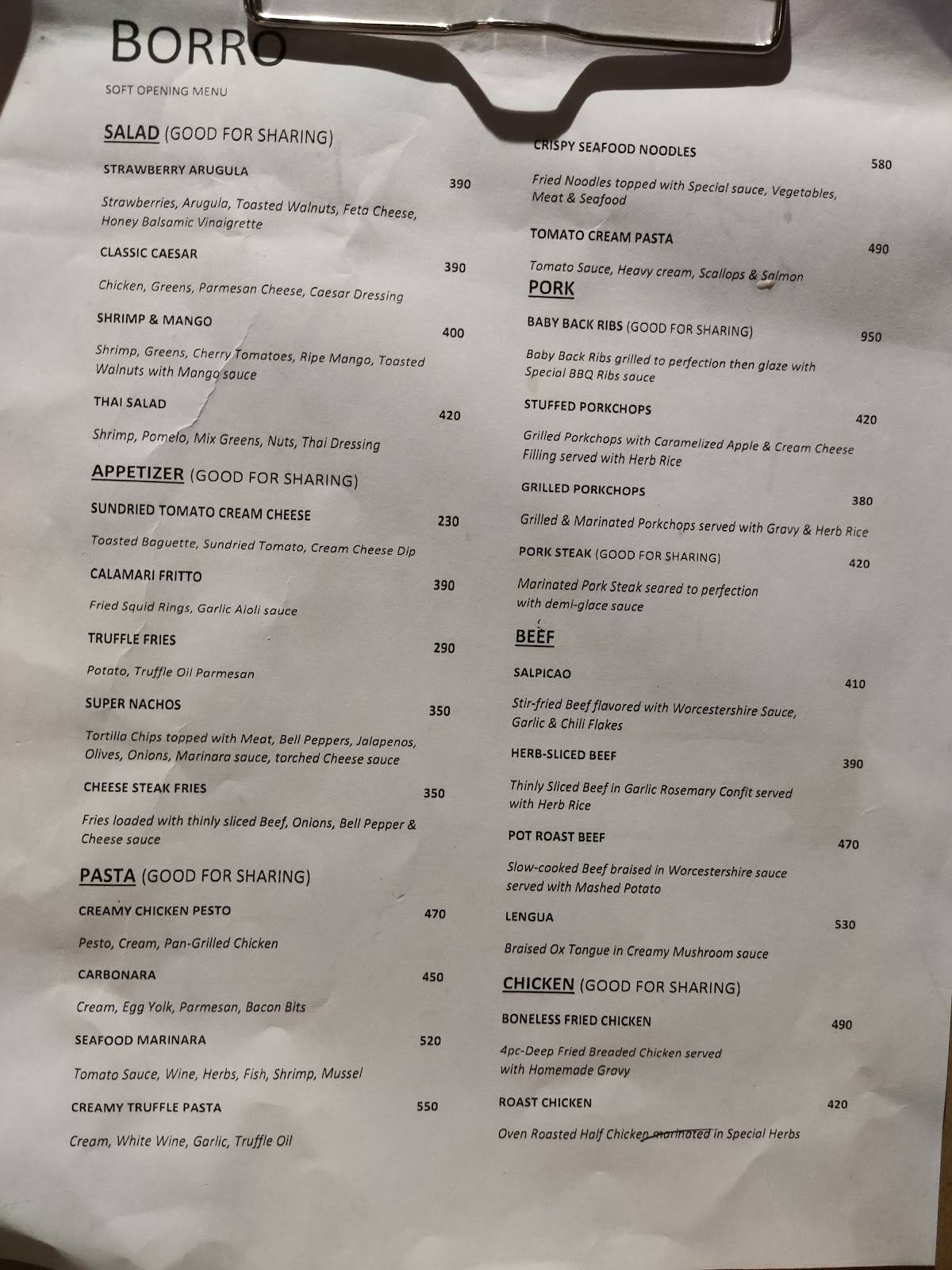 Menu at Borro restaurant, Quezon City