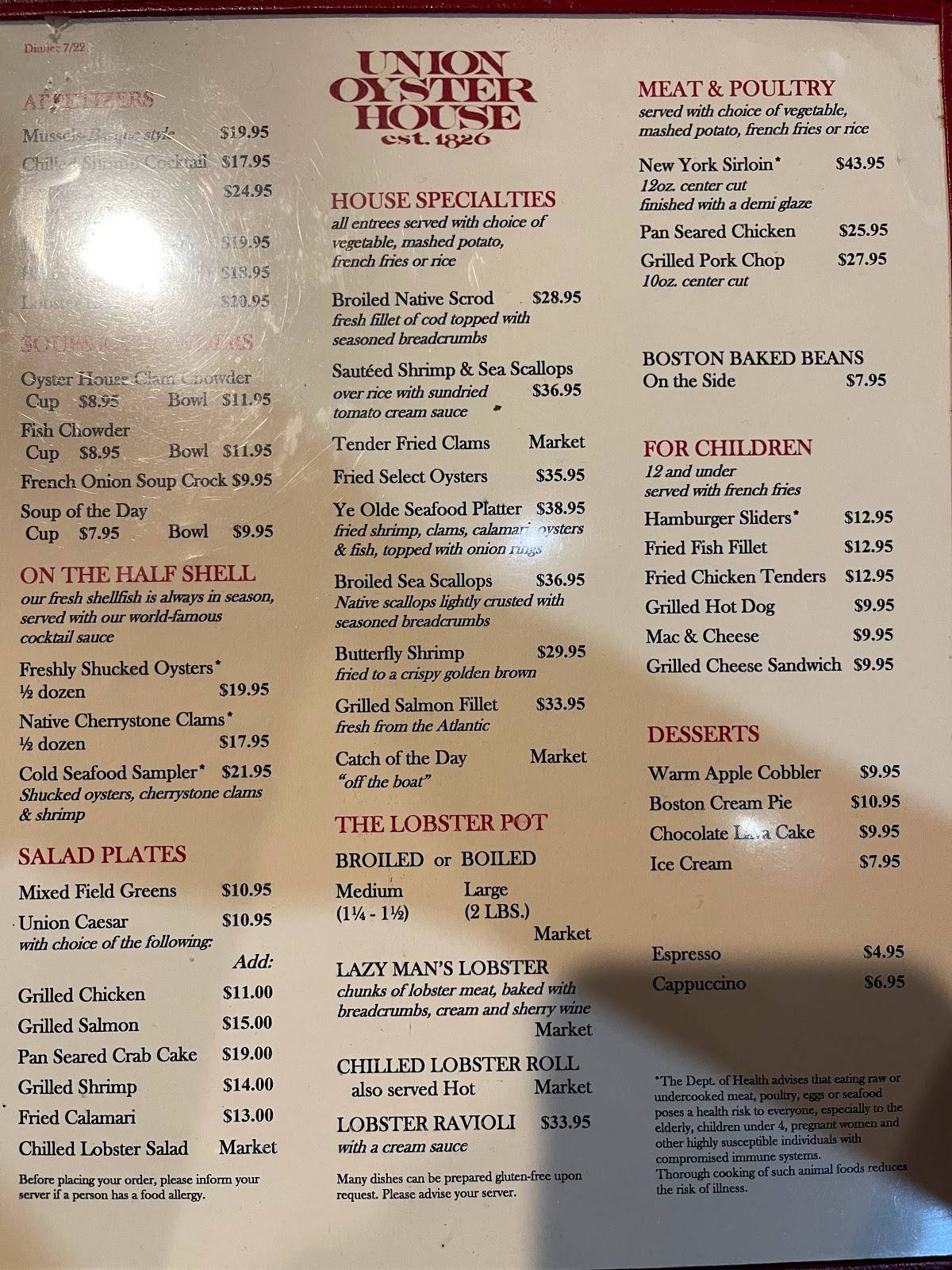 Menu at Union Oyster House restaurant, Boston