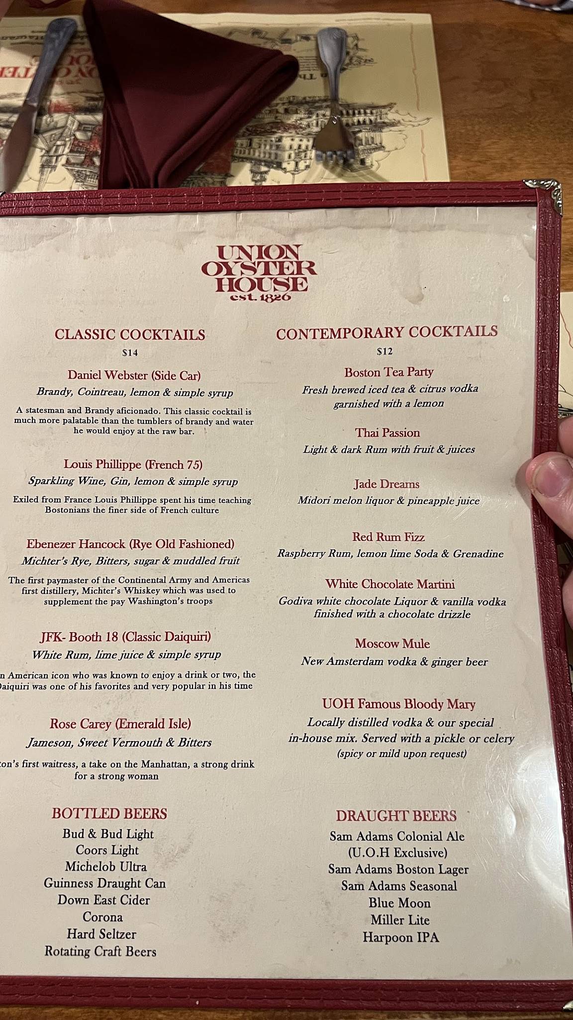 Menu at Union Oyster House restaurant, Boston