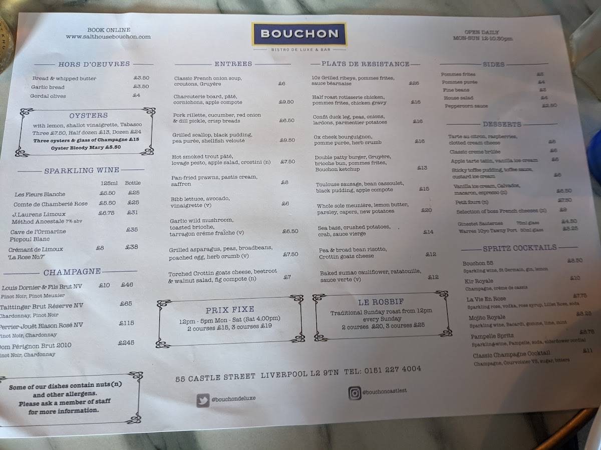Menu at Bouchon restaurant, Liverpool