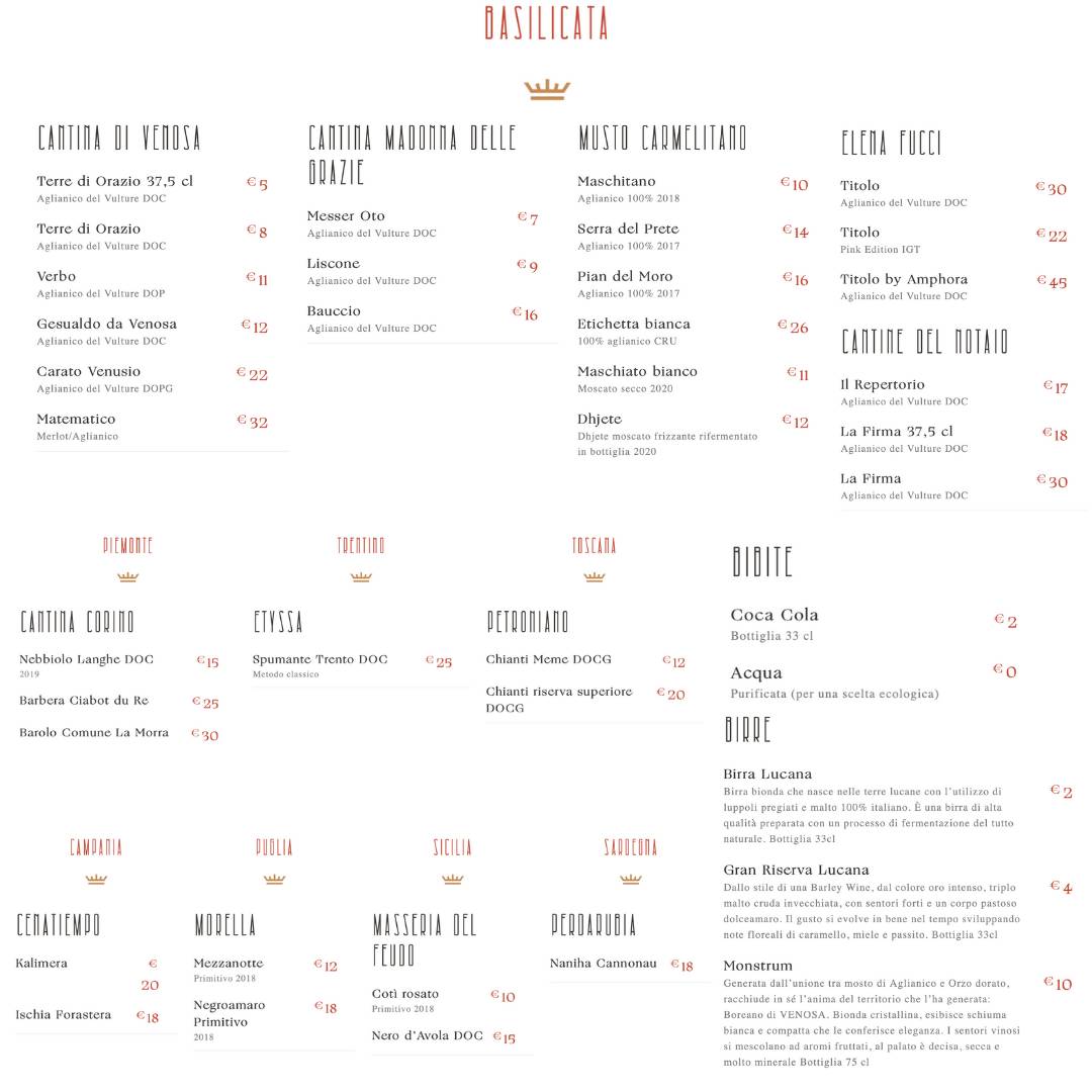 Menu da BraceRe ristorante, Venosa