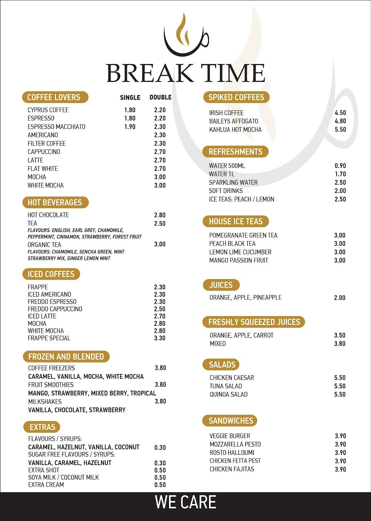 Speisekarte von Break Time, Paphos