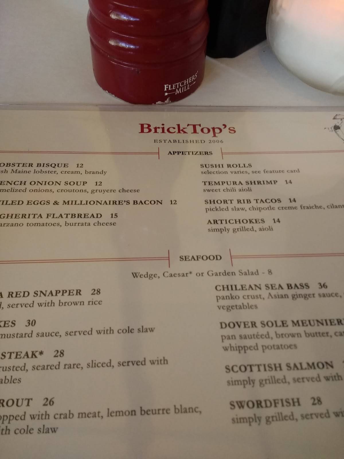 Menu at BrickTop's restaurant, Naples, Tamiami Trail N