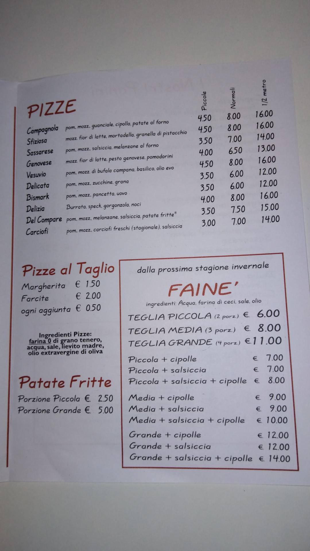 Menu da Bro pizza ristorante, Li Punti