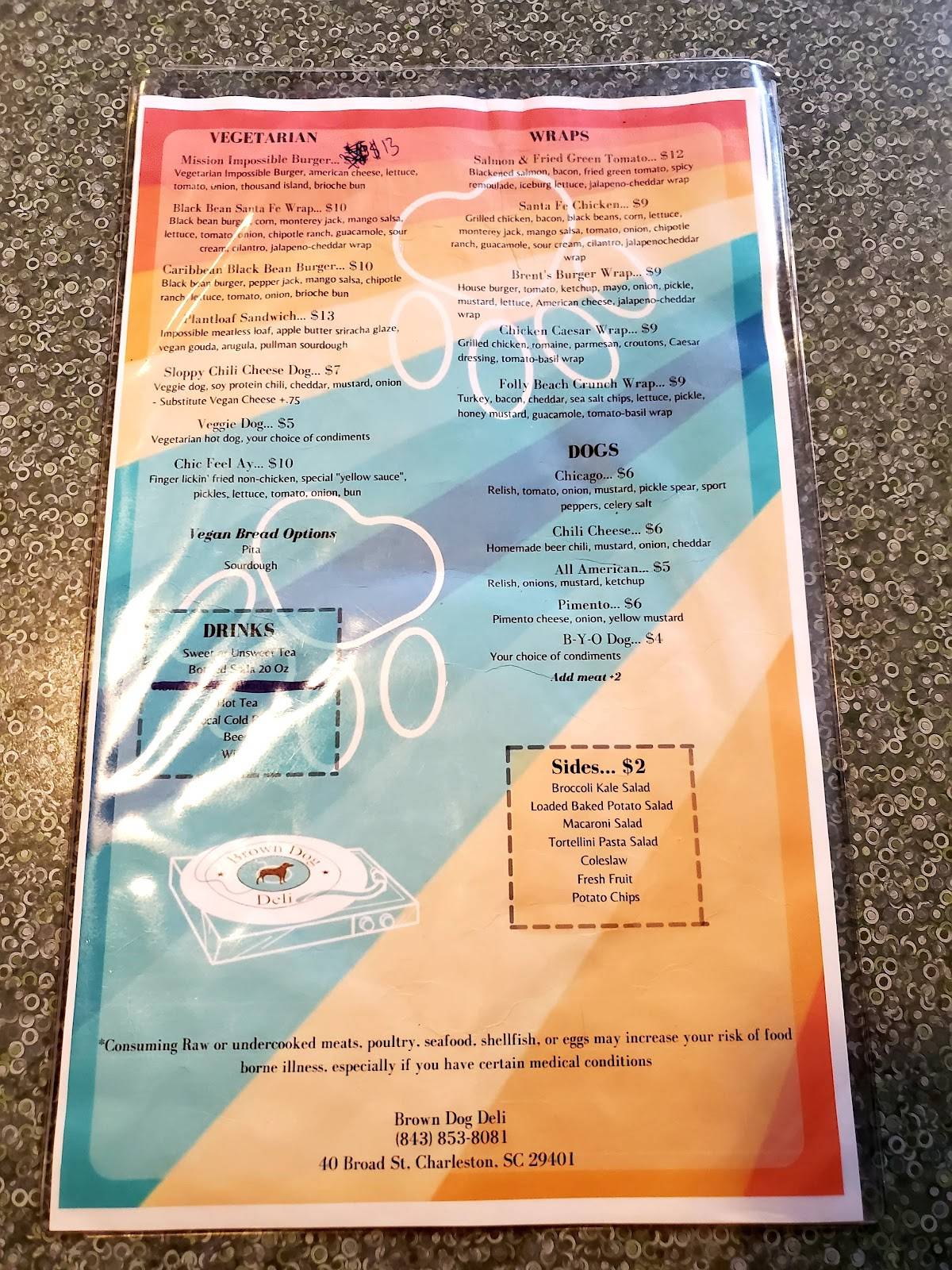 Menu at Brown Dog Deli restaurant, Charleston, 40 Broad St