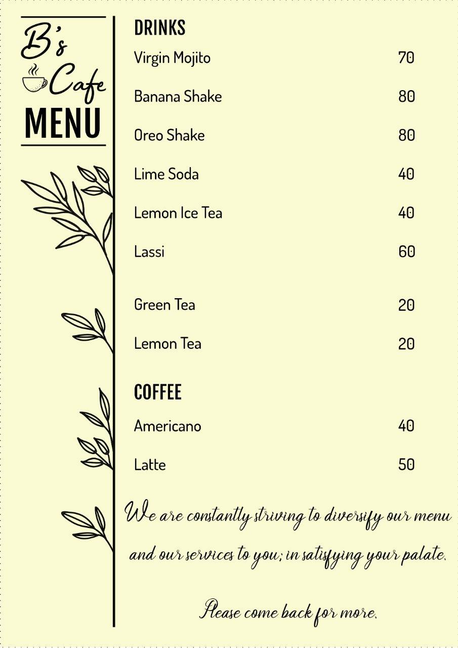 Menu at B's cafe, Kangpokpi