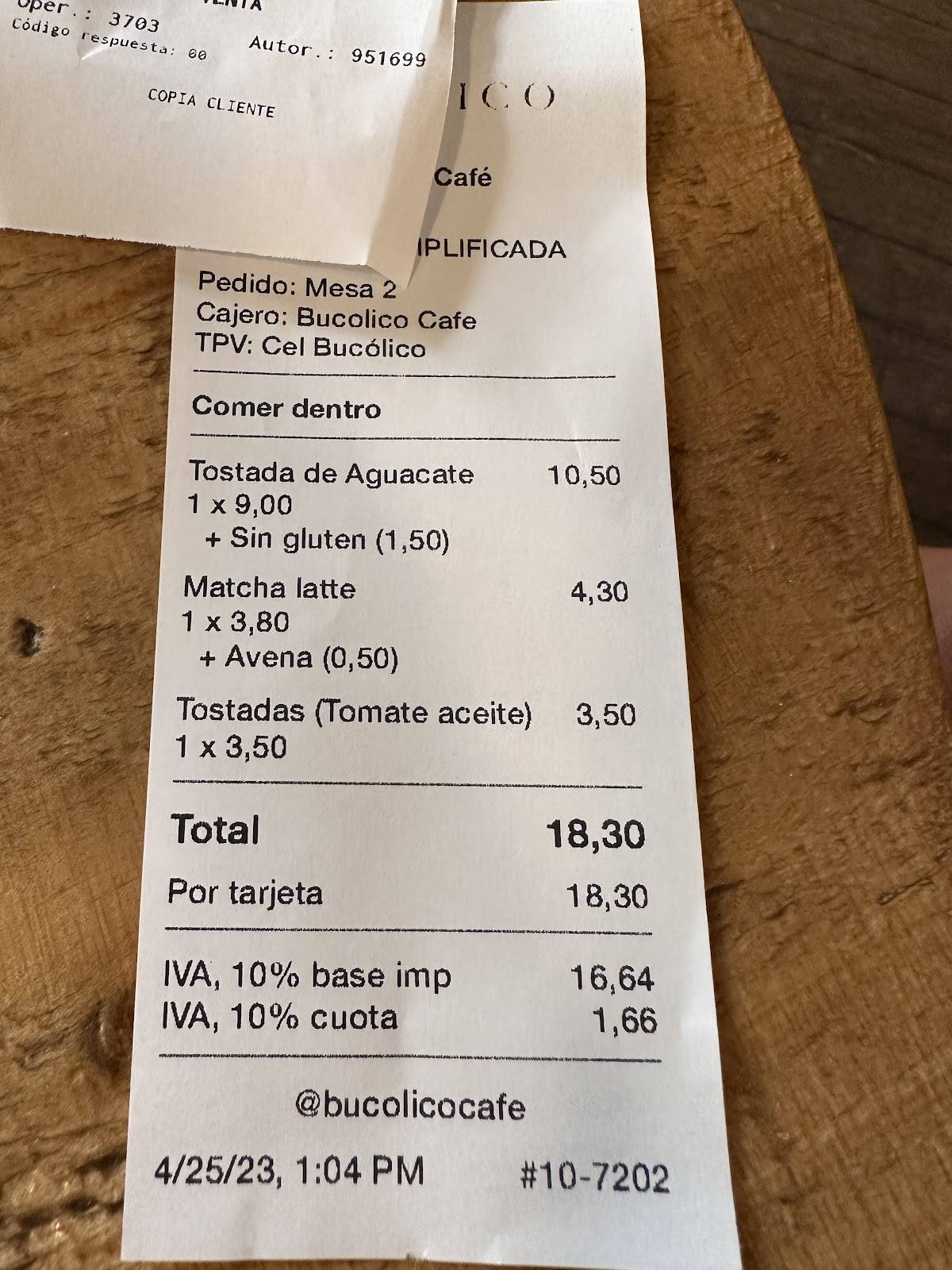 Carta de Bucólico Café, Madrid