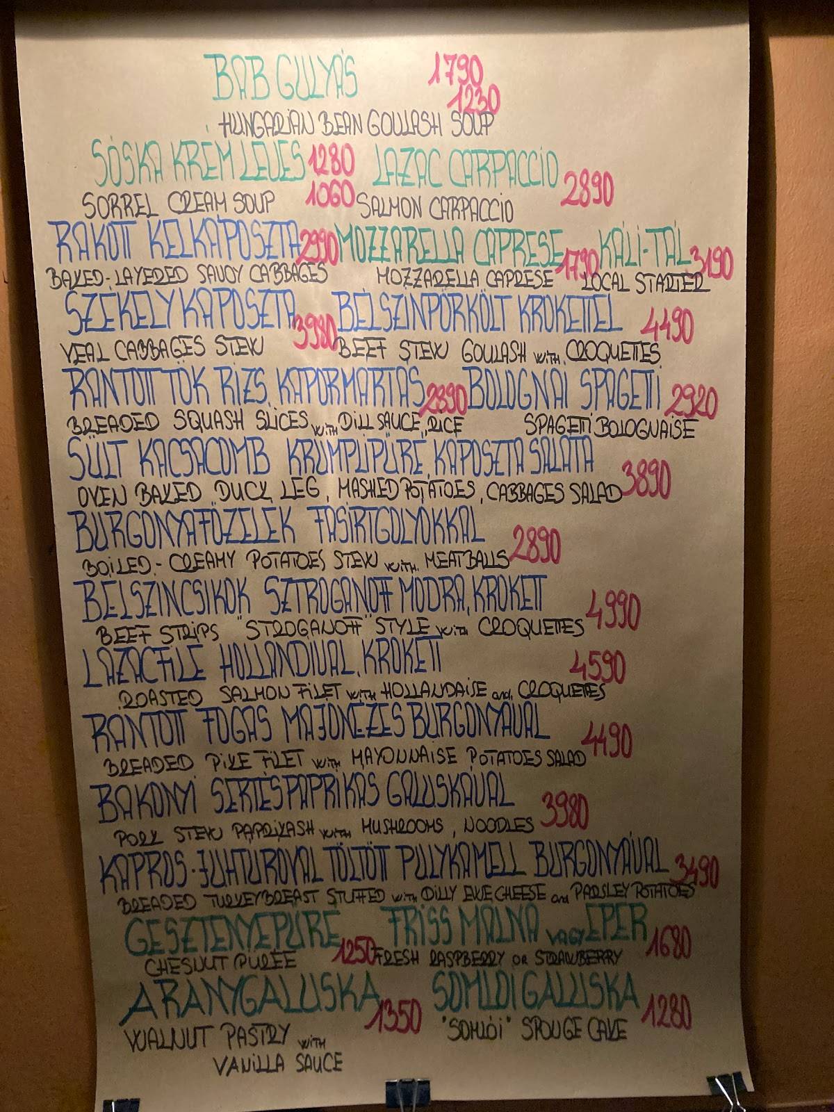 Menu at Café Kör restaurant, Budapest
