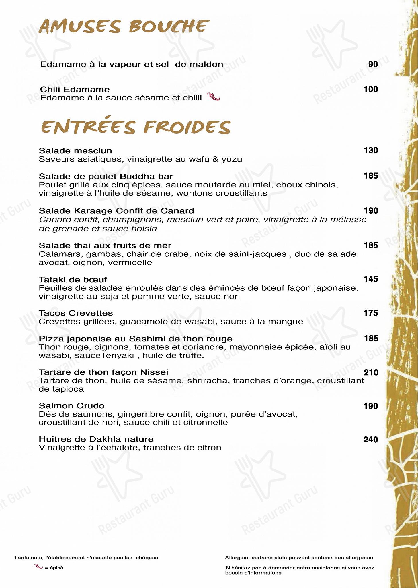 Menu at buddahbar, Marrakesh