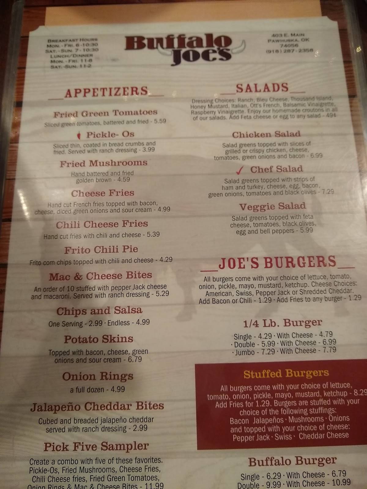 Menu at Buffalo Joe's Drive In restaurant, Pawhuska